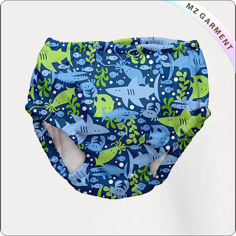 Kids Reuseable Swim Diaper Cover, Navy Shark Printed | Topper