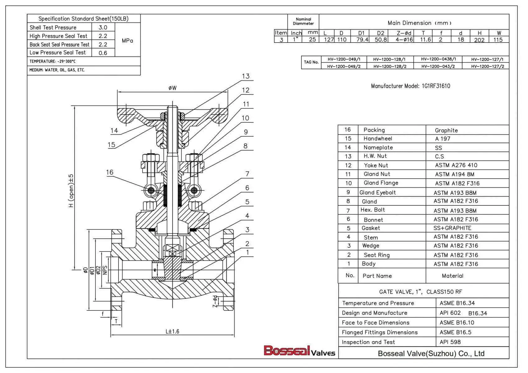 ASTM A182 F316 Gate Valve, API 602, 1 Inch, 150 LB, RF - Bosseal