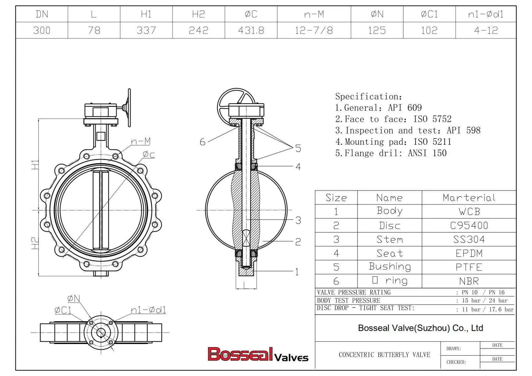 ASTM A536 Ductile Iron Butterfly Valve, 12 Inch, 150 LB, Lug - Bosseal