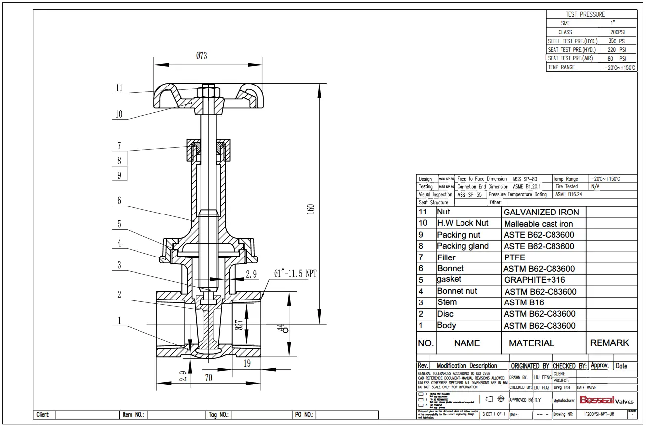 ASTM B62 Bronze Gate Valve, 2-1/2 Inch, CL125, MSS SP-80 - Bosseal