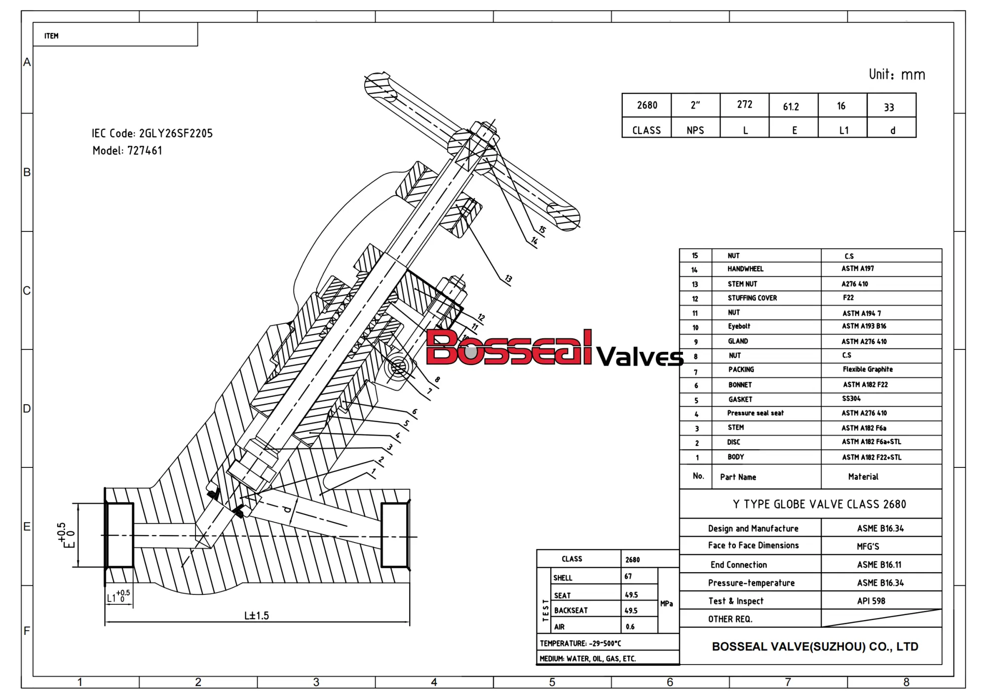 ASTM A182 F22 Y Globe Valve, 1 IN, 800 LB, ASME B16.34 - Bosseal