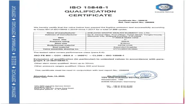 ISO 15848-1 Qualification Certificate for 1 Inch-Class 300 LB Globe ...
