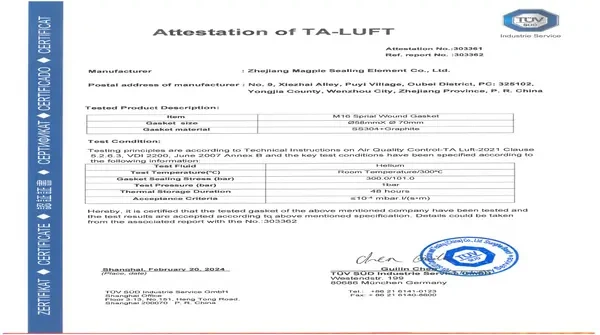 TA-LUFT Attestation Certificate (M16 Spiral Wound Gasket) | Magpie