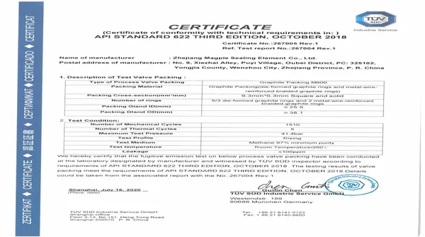 API Standard 622 Conformity Certificate for Graphite Packing M600 | Magpie