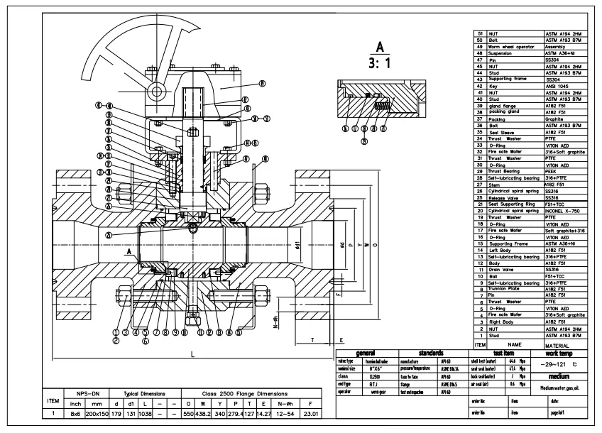 ASTM A182 F51 Ball Valve, API 6D, 8×6 Inch, 2500 LB, RTJ - Dervos