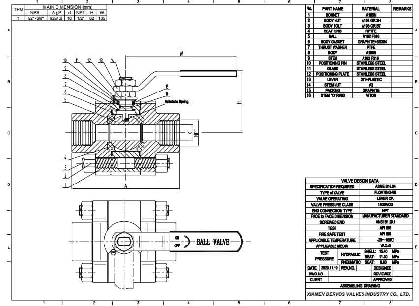 3 Piece Reduced Port Floating Ball Valve, 1/2 Inch, 1500 WOG - Dervos