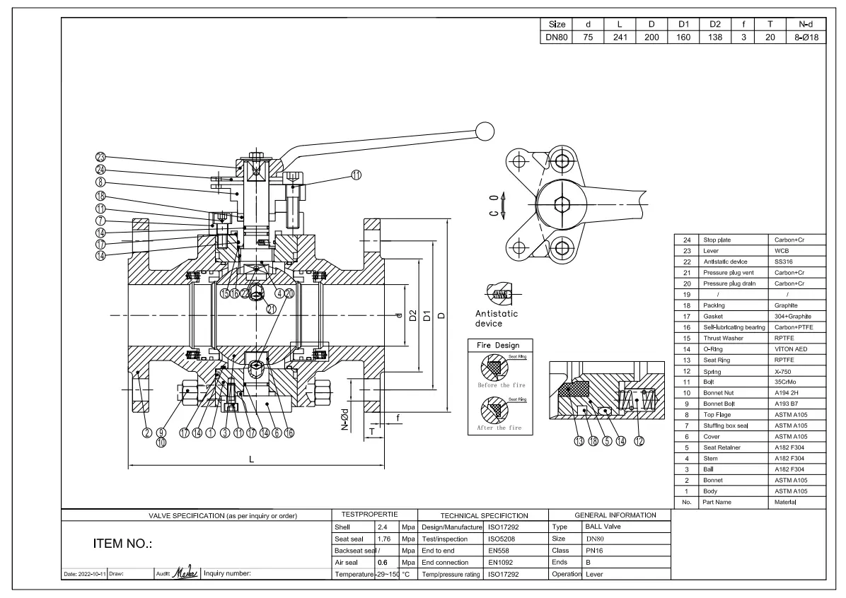 ISO 17292 Ball Valve, ISO 17292, DN80, PN16, ASTM A105 - Dervos