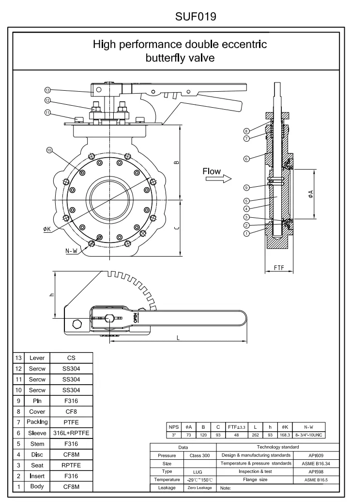 Double Eccentric Butterfly Valve, API 609, CF8M, 3 IN, 300 LB - Dervos