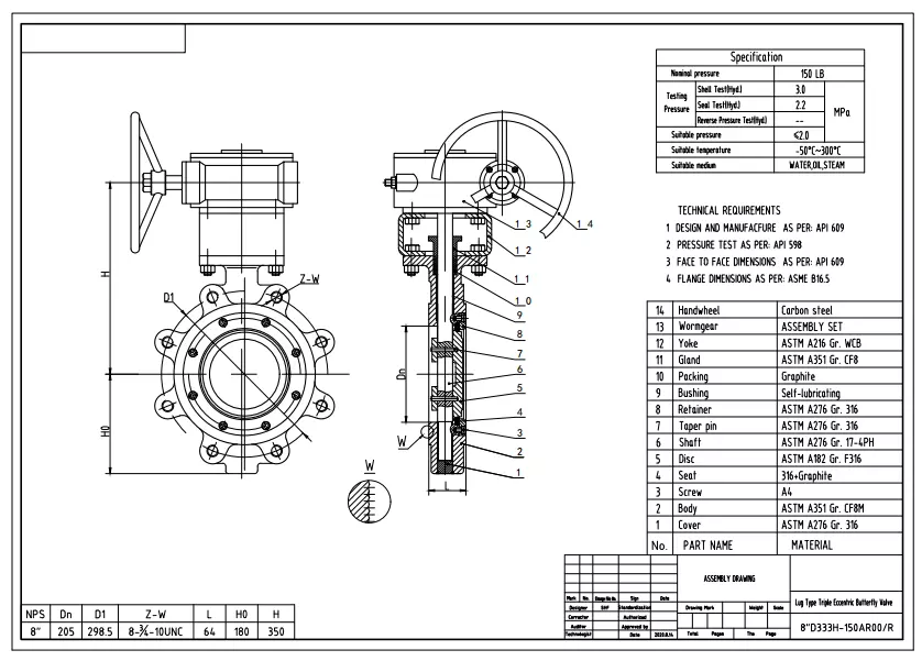 ASTM A351 CF8M Lug Butterfly Valve, API 609, 8 Inch, 150 LB - Dervos