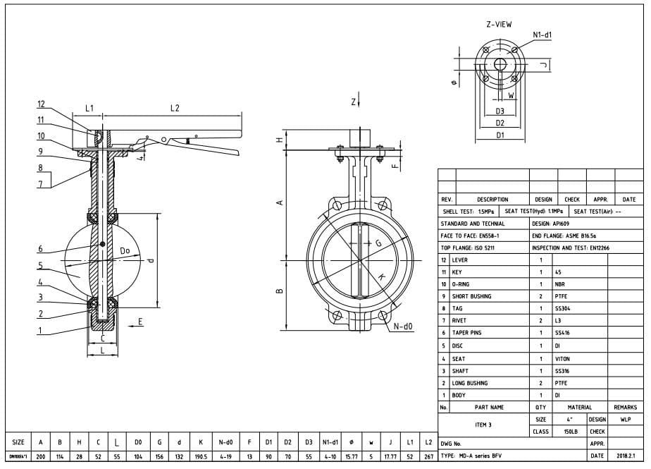 Wafer Concentric Butterfly Valve, API 609, 4 Inch, 150 LB - Dervos