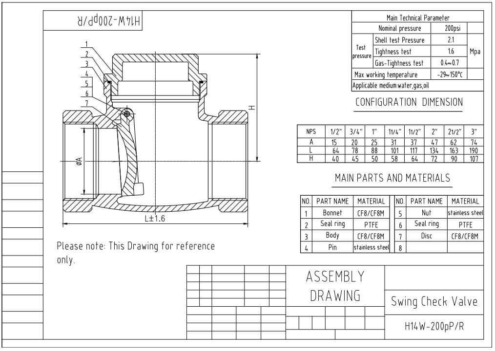 ASTM A351 CF8M Check Valve, DN20, PN16 - Dervos
