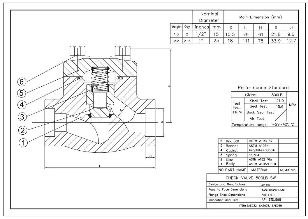 ASTM A105N Lift Check Valve, 1/2 Inch, 800 LB, API 602, SW - Dervos