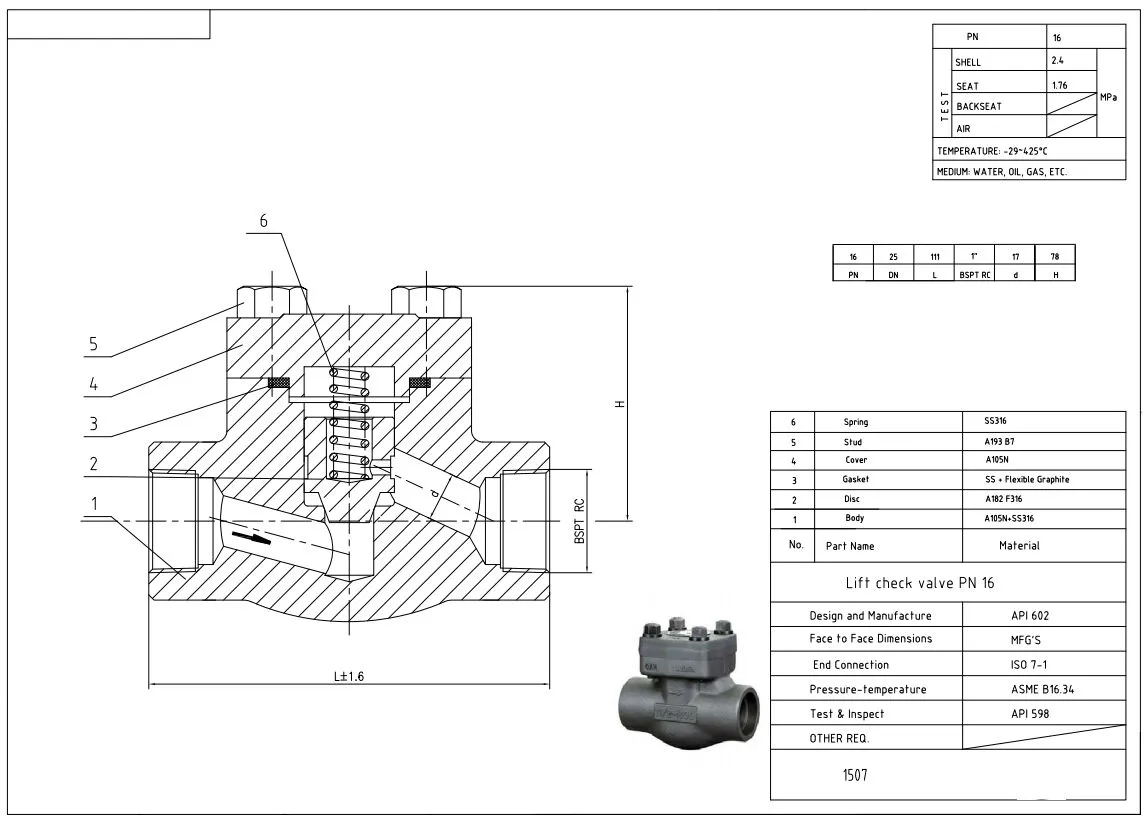 API 602 Lift Check Valve, DN25, PN16, ASTM A105N, BSP - Dervos