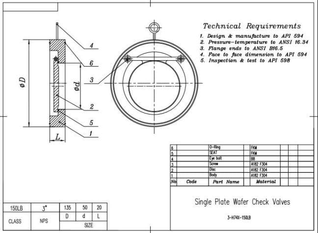 Single Plate Wafer Check Valve, 3 Inch, Class 150, API 594 - Dervos
