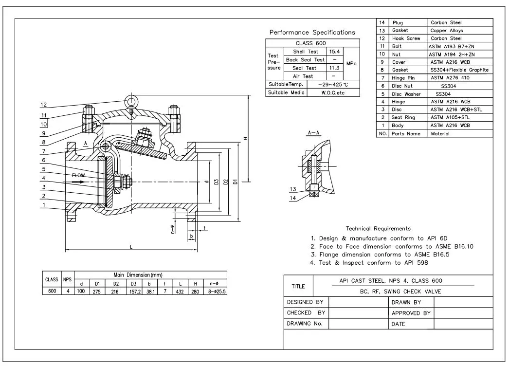 ASTM A216 WCB Swing Check Valve, 4 Inch, 600 LB, API 6D - Dervos