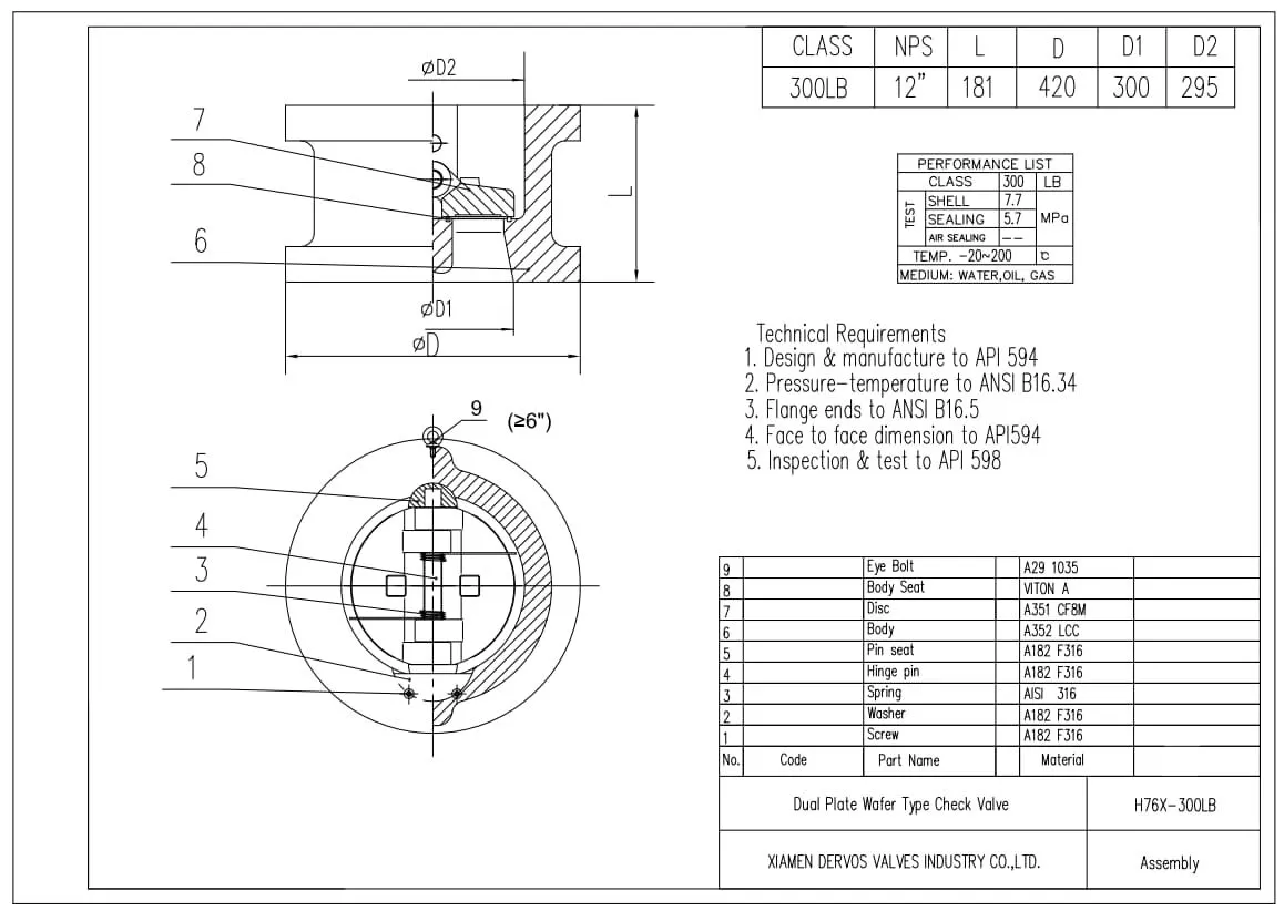 Dual Plate Wafer Check Valve, A352 LCC, API 594, 12 IN, 300 LB - Dervos