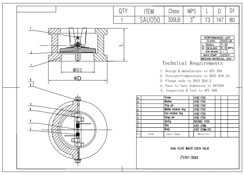 ASTM 351 CF8M Wafer Check Valve, 3 Inch, 300 LB, API 594 - Dervos