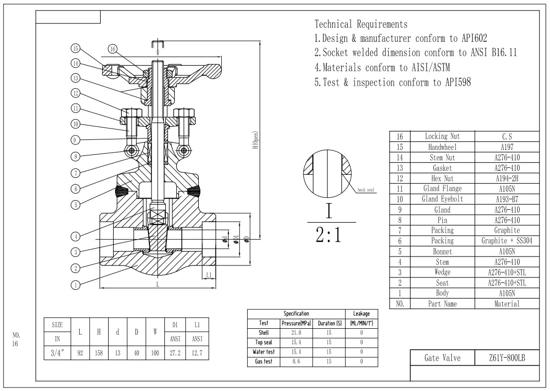API 602 Forged Steel Gate Valves, ASTM A105N, 3/4 IN, CL800 - Dervos