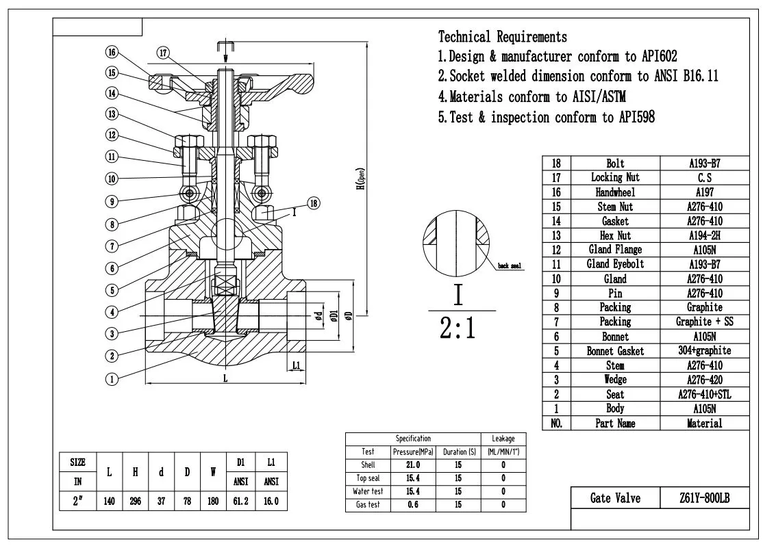 API 602 Forged Steel Gate Valve, ASTM A105, 2 IN, 800 LB, SW - Dervos