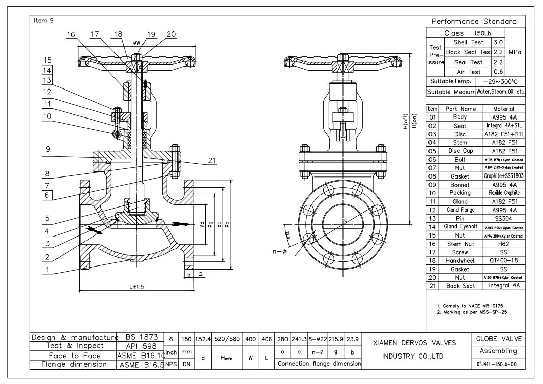 BS 1873 Globe Valve, DSS ASTM A995 4A, 6 IN, CL 150 LB, RF - Dervos