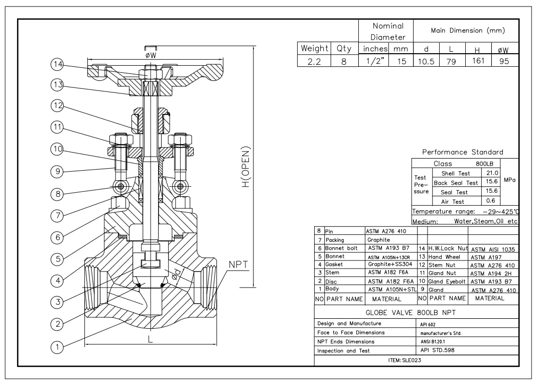Forged Steel Globe Valve, API 602, 1/2 IN, CL 800 LB, A105N - Dervos