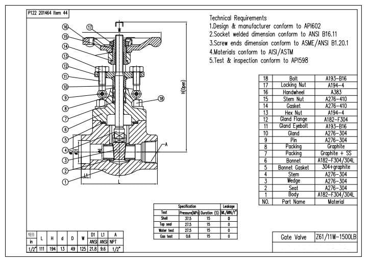 ASTM A182 F304L Solid Wedge Gate Valve, API 602, 1/2 IN, CL1500 - Dervos