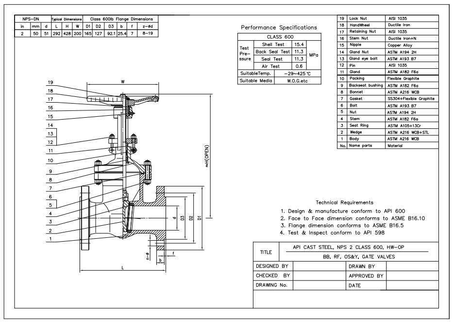 ASTM A216 WCB Gate Valve, 2 Inch, 600 LB, API 600, RF - Dervos