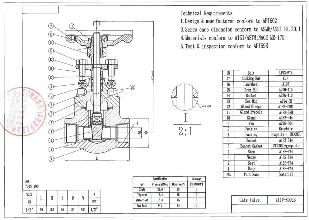ASTM A182 F44 Gate Valve, 1/2 Inch, 800 LB, API 602, NPT - Dervos