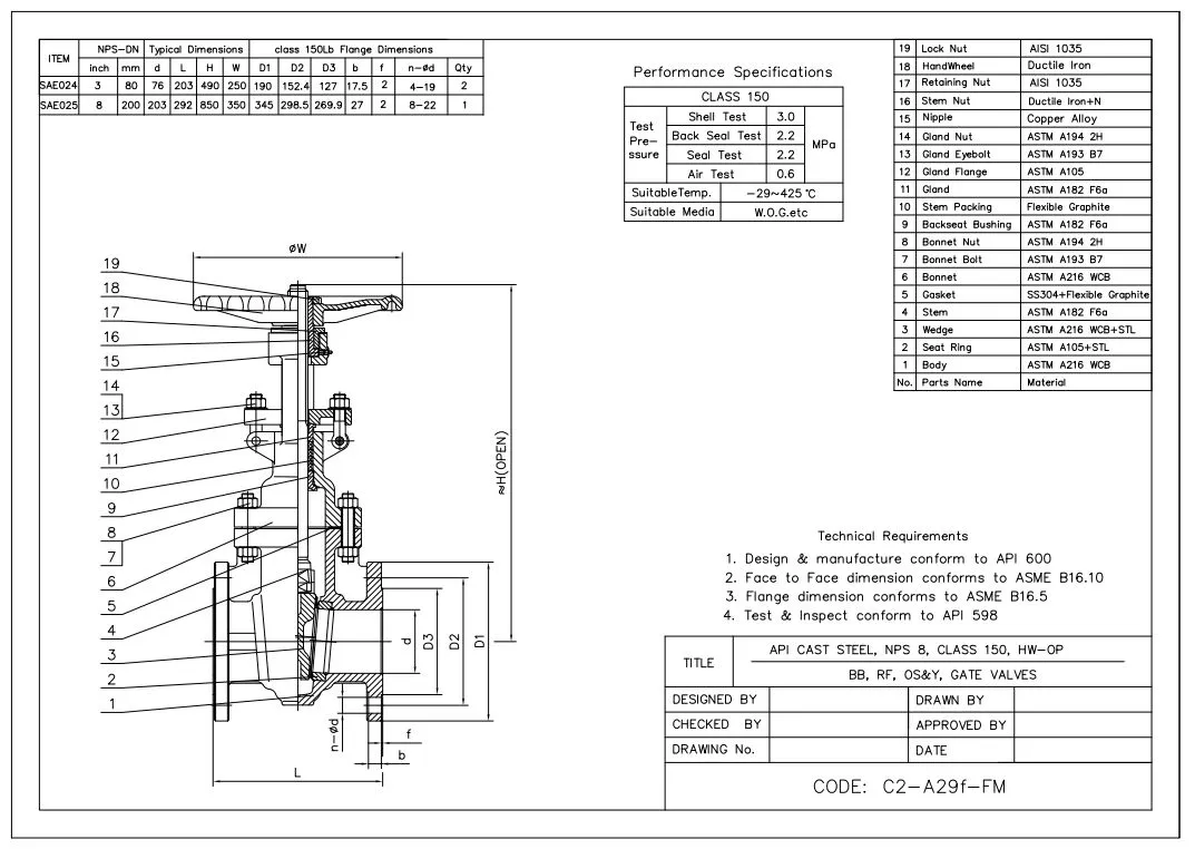 Cast Steel Gate Valve, API 600, 8 Inch, 150 LB, ASTM A216 WCB - Dervos