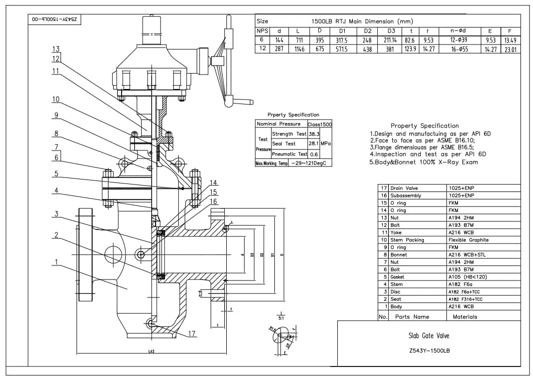 Cast Steel Slab Gate Valve, API 6D, WCB, 6 IN, 1500 LB, RTJ - Dervos