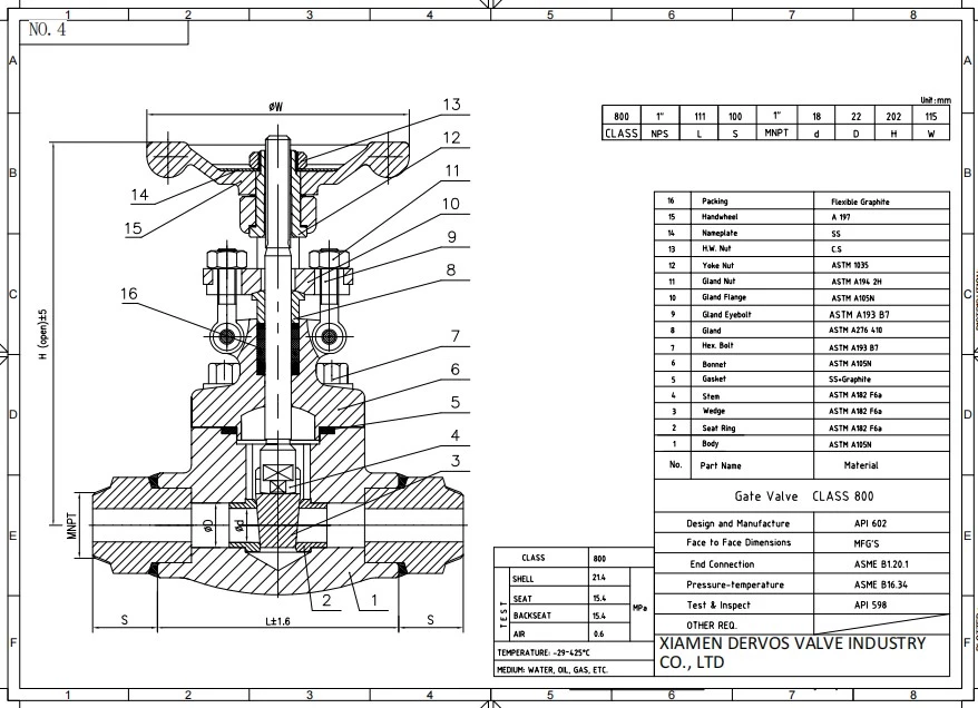 MNPT End Gate Valve, 1 Inch, 800 LB, ASTM A105N, API 602 - Dervos