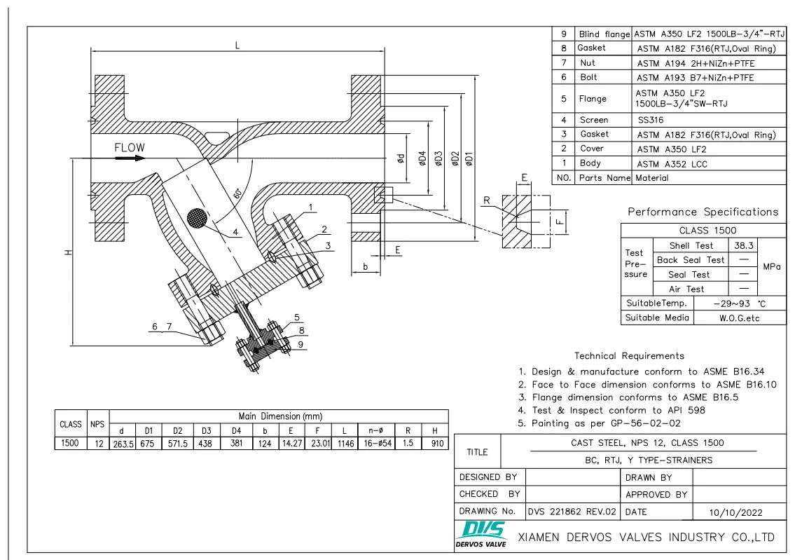 ASTM A352 LCC Y Strainer, 12 Inch, 1500 LB, ASME B16.34, RTJ - Dervos