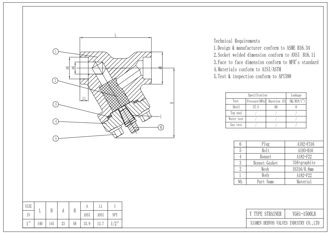 ASME B16.34 Y Type Strainer, 1 IN, 150 LB, ASTM A182 F22 - Dervos