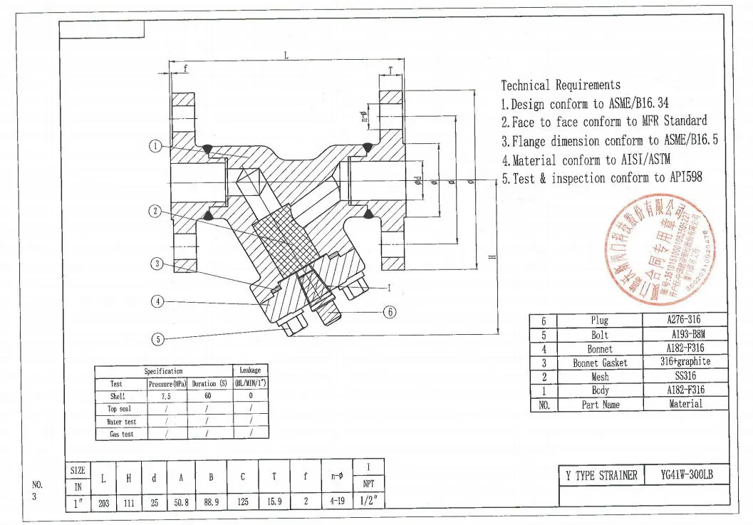 ASTM A182 F316 Y Strainer, 1 Inch, 300 LB, ASME B16.34, RF - Dervos