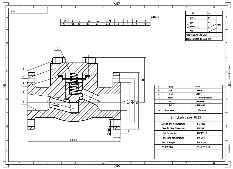 SS 304 Lift Check Valve, DN25, PN40, ASTM A105N - Dervos