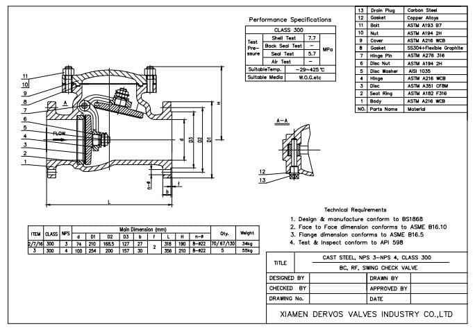 BS 1868 Non Return Valve, ASTM A216 WCB, 3 Inch, 300 LB - Dervos
