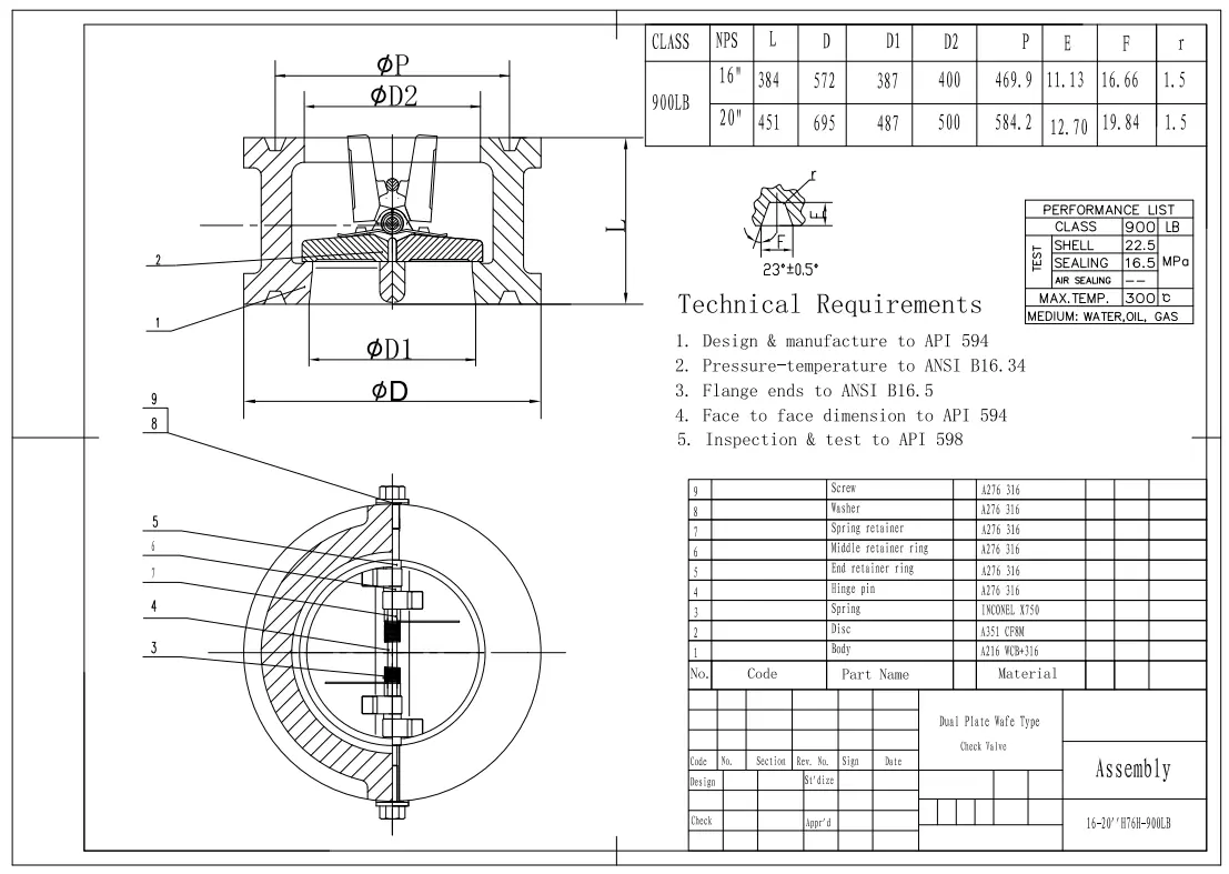 API 594 Swing Check Valve, 20 Inch, 900 LB, ASTM A216 WCB, RTJ - Dervos