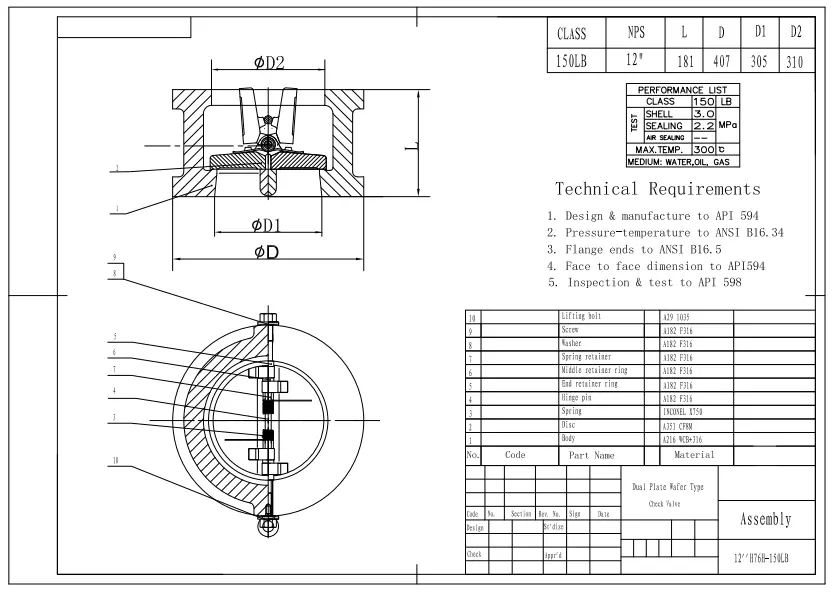 API 594 Dual Plate Wafer Check Valve, 12 Inch, 150 LB, RF - Dervos