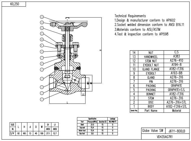 API 602 Globe Valve, ASTM A182 F316, 3/4 Inch, 800 LB, SW - Dervos