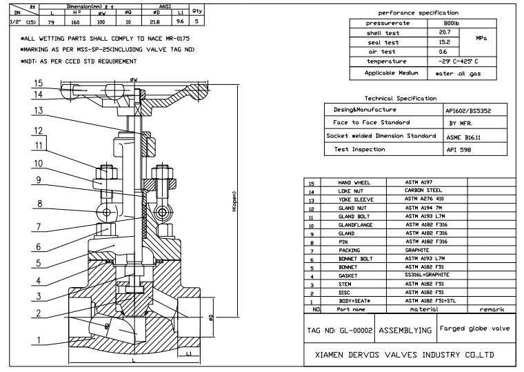Forged ASTM A182 F51 Globe Valve, 1/2 Inch, 800 LB, API 602, SW - Dervos