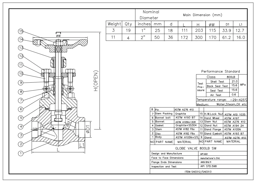 ASTM A105N Globe Valve, 1 Inch, 800 LB, API 602, SW - Dervos