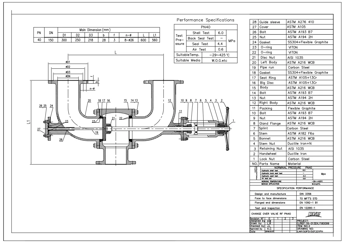 DIN 3356 Change Over Valve, DN150, PN40, A216 WCB, RF - Dervos